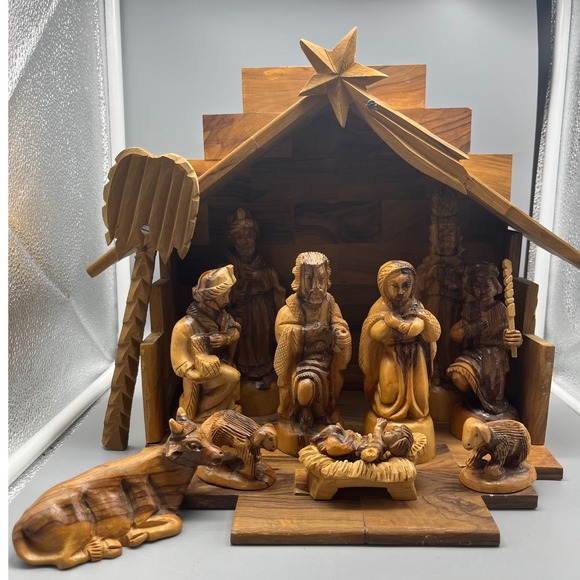 Holiday | Vtg Large Olive Wood Nativity Set 12 Piece Hand Carved | Poshmark